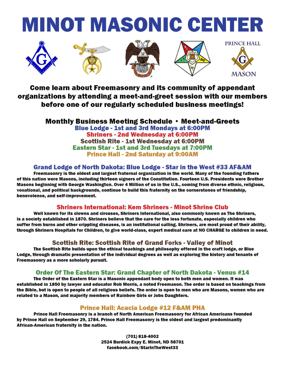 Meeting Schedule – Minot Masonic Center